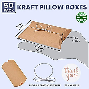 Second Angel 50 Kraft Paper Pillow Boxes With 50 Silver Elastic Tie for Wedding Party Favors, Jewelry, Candy, Soap & Present, Gift Card Holder, Small Gift Boxes, Recycled homemade Packaging
