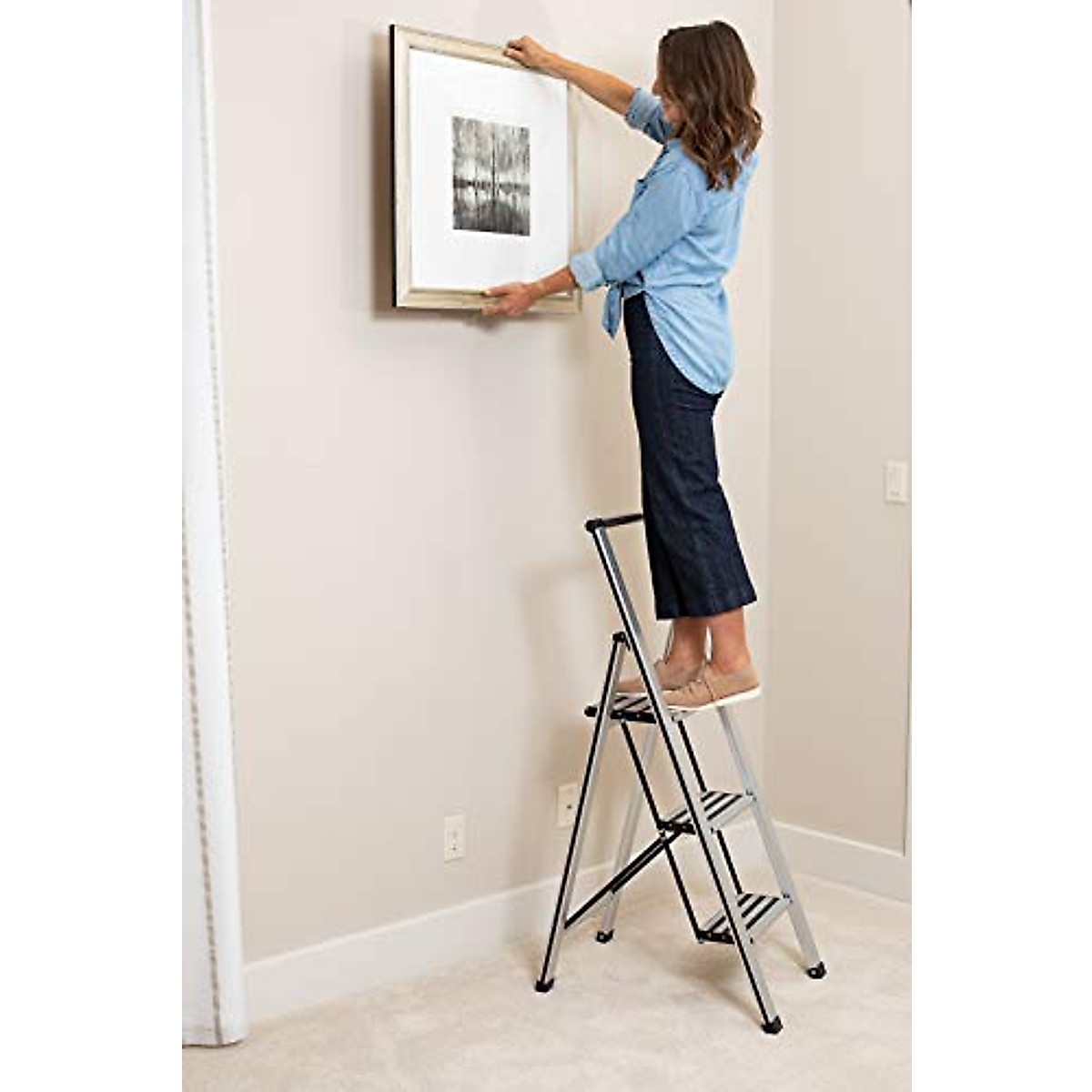 BirdRock Home 3-Step Slim Aluminum Step Ladder - Sturdy Thin Folding Stool - 3 Anti-Slip Steps - Wide Platform - Great for Your Kitchen, Pantry, Closets, or Home Office - Indoor Stool - Silver