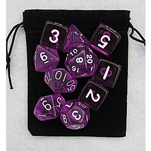 Translucent Purple RPG D&D Dice Set: 7 + 3d6 = 10 polyhedral die plus bag!