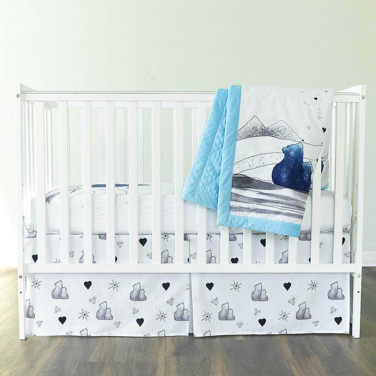 JumpOff Jo - 3 Piece Crib Bedding Set for Boys and Girls, Fitted Crib Sheet, Crib Skirt, & Hypoallergenic Quilt - Microfiber Baby Nursery Bedding - Mama Bear Blue