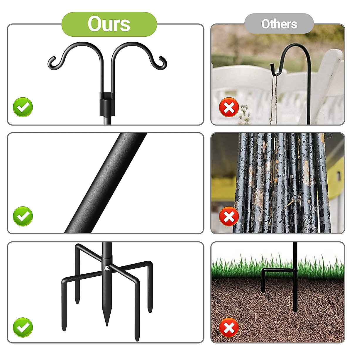 Double Shepherds Hooks for Outdoor, Heavy Duty Bird Feeder Pole with 5 Prong Base, Adjustable Shepards Hook for Outside, Garden, Weddings, Hanging Plant, 2 Pack