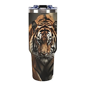 LLUTSNTH 40 Oz Vacuum Tumbler with Black Handle Leakproof Insulated Tumbler Wild Animals Tiger Stainless Steel Travel Mug with Lid And Straw Coffee Cup Cute Water Bottles Cup Holder Friendly