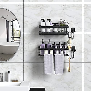 Sinminou Adhesive Shower Caddy With 5 Hooks & 2 Tower Hanger, Rustproof SUS304 Stainless Steel Shower Shelf Basket, Wall Mounted No Drilling Shower Organizer Shampoo Holder - 2 Pack (Black)