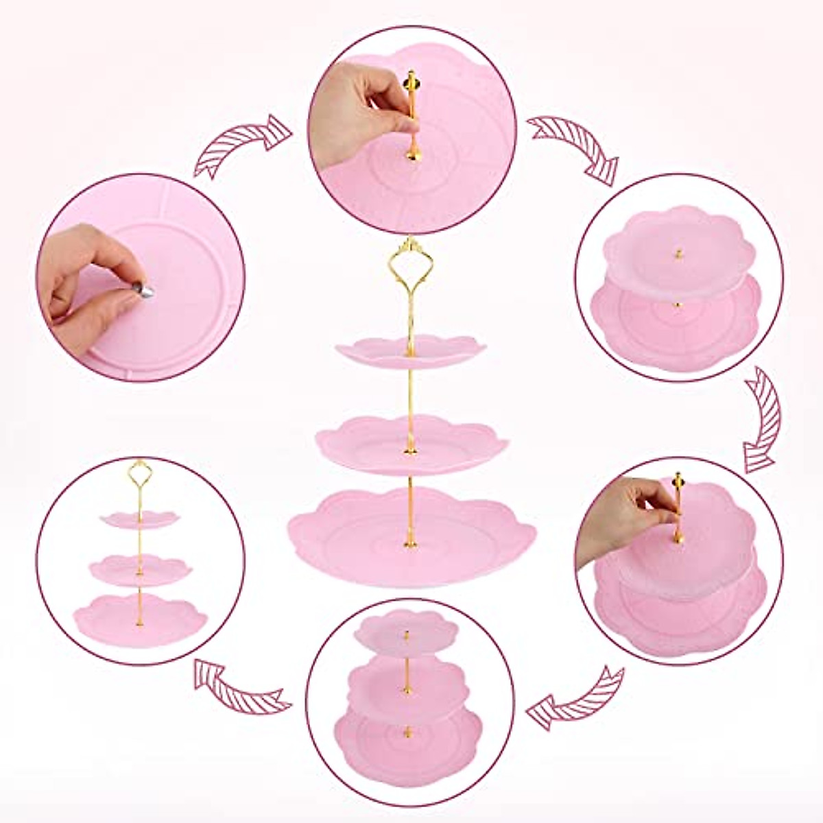 4 Packs 3 Tier Cupcake Stand Plastic Macaroon Stand Round Plastic Dessert Display Serving Tray Reusable Tea Party Stand for Wedding Birthday Tea Party(White, Pink)