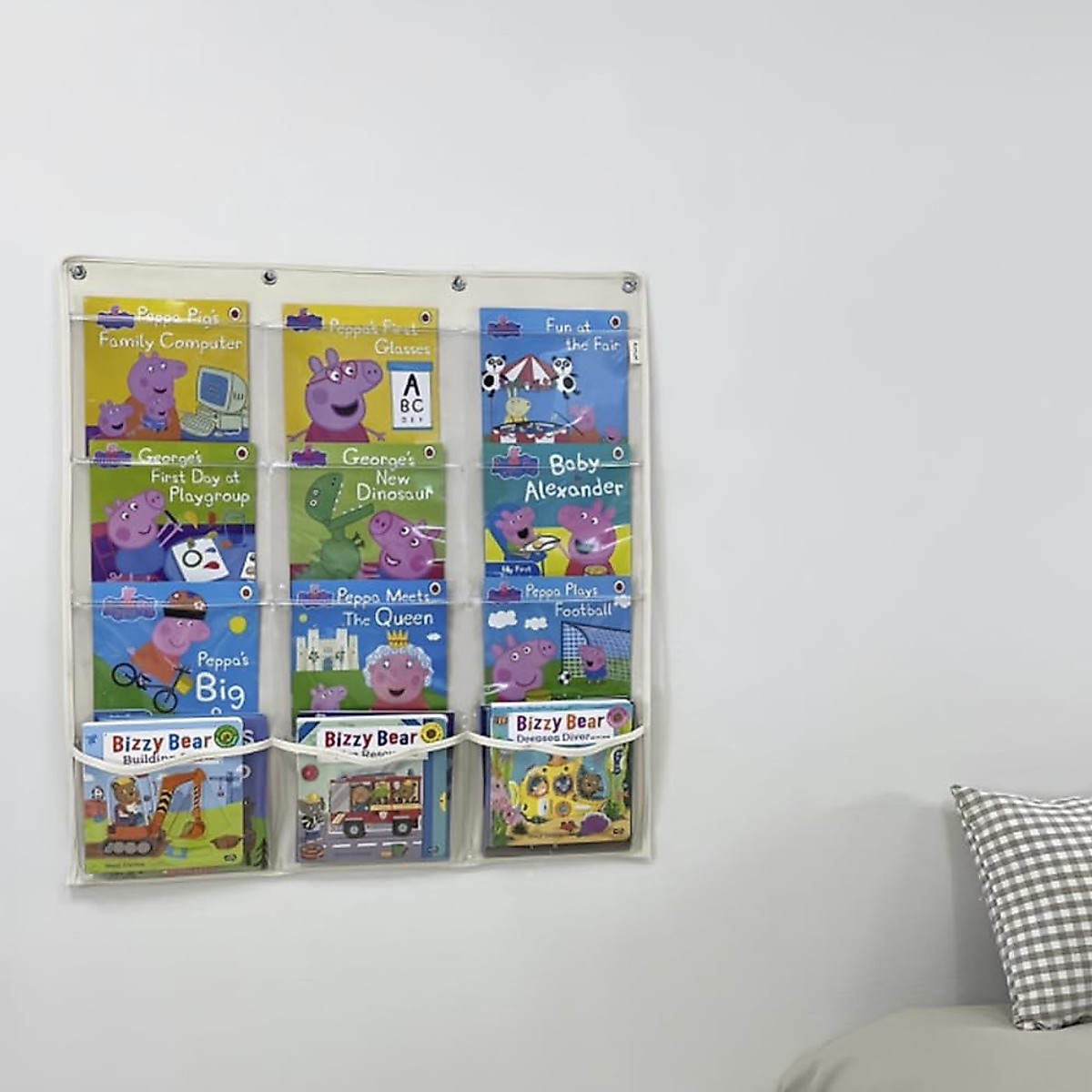 pixiepoche Kids Wall Hanging Book Organizer, Over The Door Book Shelves 8-12 Pockets Chart for Homeschool & Library (12 Regular Pocket)