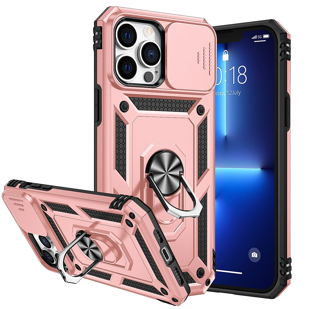 Goton Armor Case for iPhone 13 Pro Max Stand Case with Slide Camera Cover & Kickstand Military Grade Heavy Duty Protective with Magnetic Car Mount Holder for iPhone 13 Pro Max 6.7 Rosegold