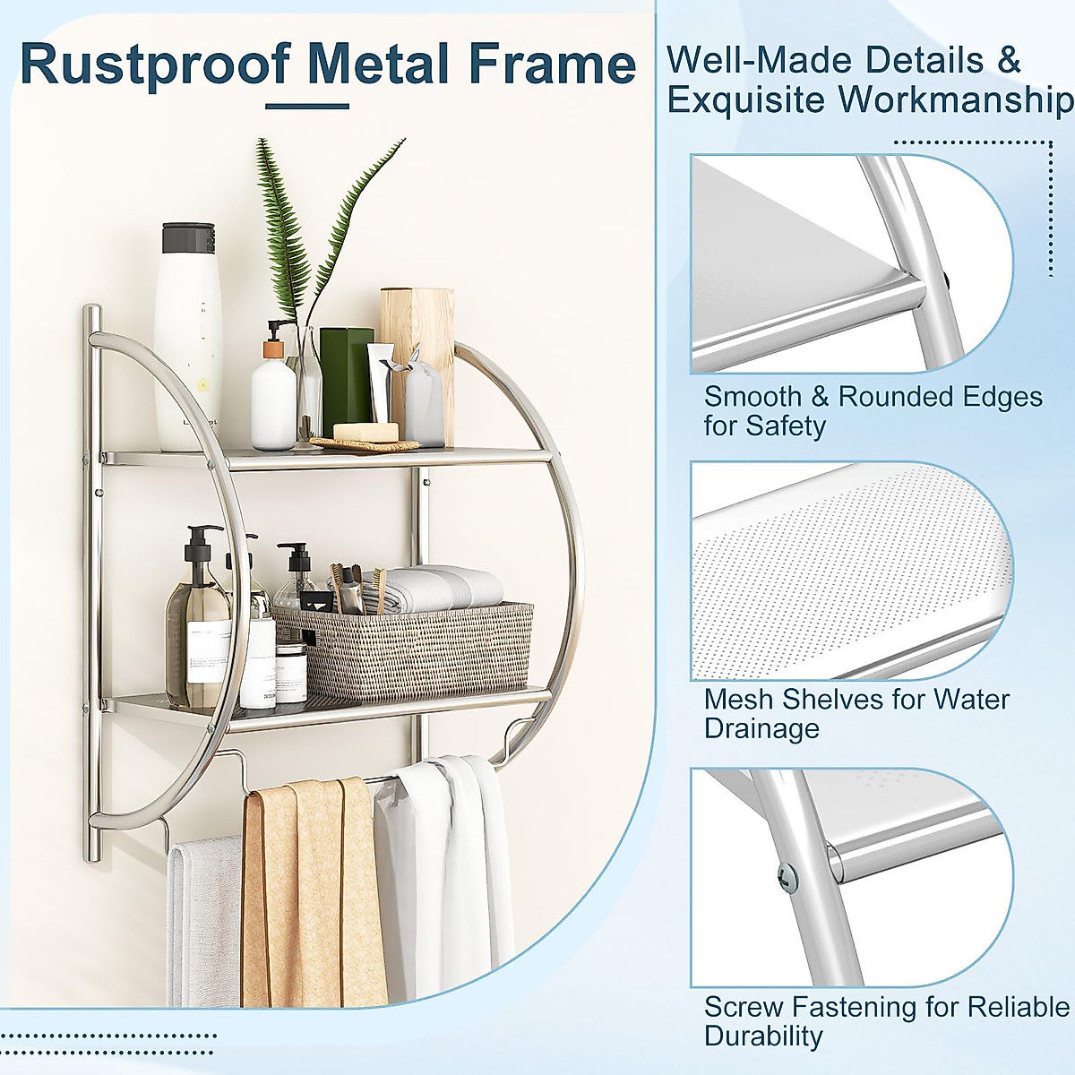 Giantex Bathroom Shelf with Towel Rack - 2 Tier Rustproof Over The Toilet Storage Shelf with Double Towel Bars, 18" W X 10" D X 22" H, Wall Mount Chrome Towel Holder for Living Room, Kitchen (Silver)