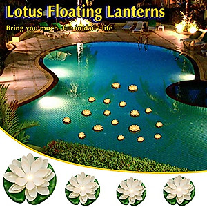 24 Pcs Floating Pool Lights Lotus Floating Lanterns Lifelike Artificial Floating Flowers for Pool with LED Lights Battery Operated Lily Pads Water Lantern for Decor (White, 3.94 Inch, 5.91 Inch)