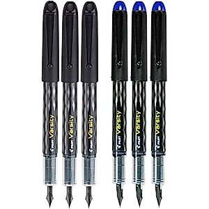 Pilot Varsity Disposable Fountain 6 Pack Combo, 3 Black and 3 Blue Pens