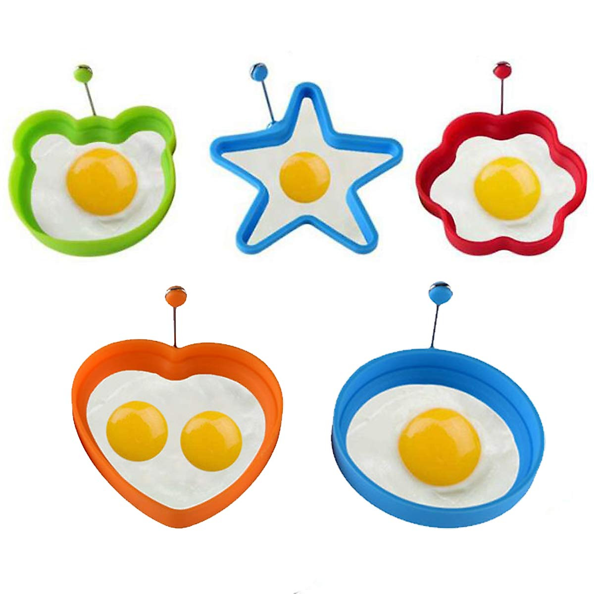 Egg Ring- Fried Egg Mold, 5pcs Different Shapes Stainless Steel Egg Poacher, Non Stick Pancake Shaper Mold With Handles (Silicone)