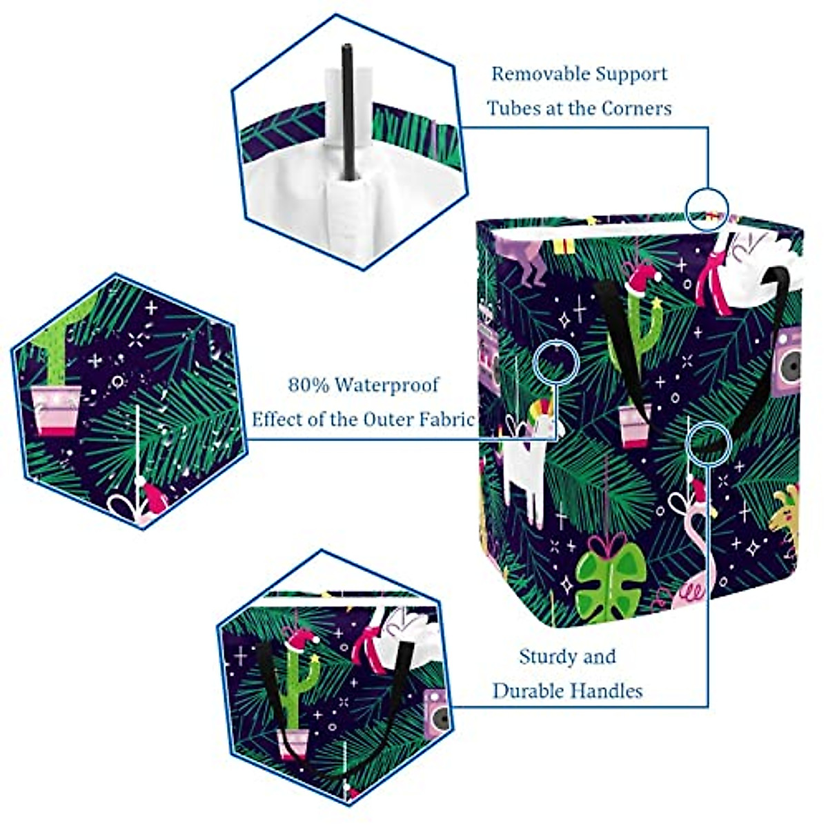 Christmas Hat Dinosaur Flamingo Unicorn Swan Cactus Print Collapsible Laundry Hamper, 60L Waterproof Laundry Baskets Washing Bin Clothes Toys Storage for Dorm Bathroom Bedroom