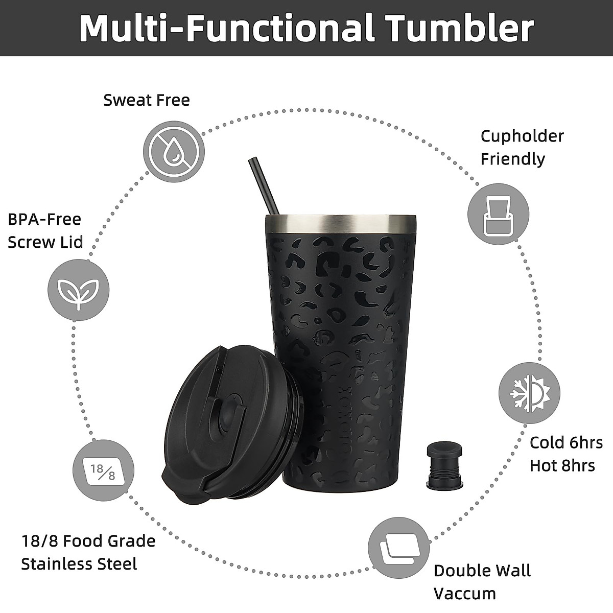 BJPKPK 18oz Insulated Tumbler With lid And Straw Stainless Steel Tumblers Travel Coffee Mug Reusable Thermal Cup,Black Leopard