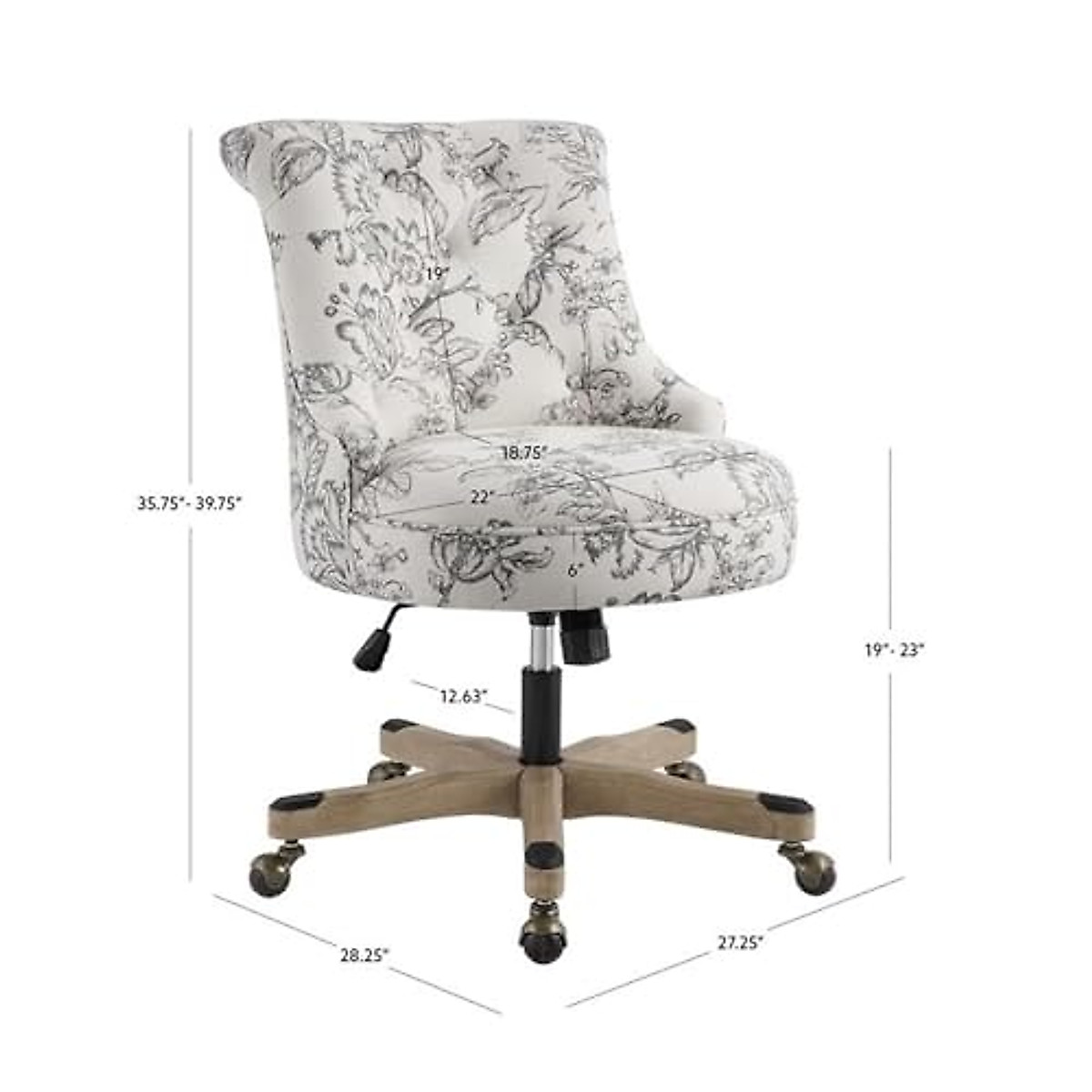 Linon Sinclair Wood Base Adjustable Rolling Office Chair in Floral Gray Fabric