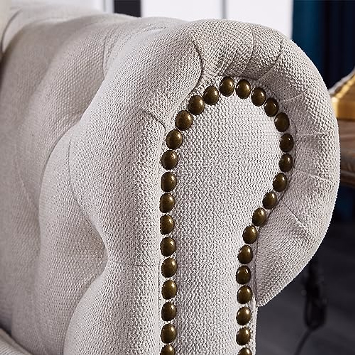 FANYE 88.5" 3-Seaters Chesterfield Clasic Luxury Roller Armrest Special Wood Legs Sectional,Button Tufted Linen Fabric Upholstered Modular Sofa Couch with Removable Cushions & Nailhead Decor, Beige