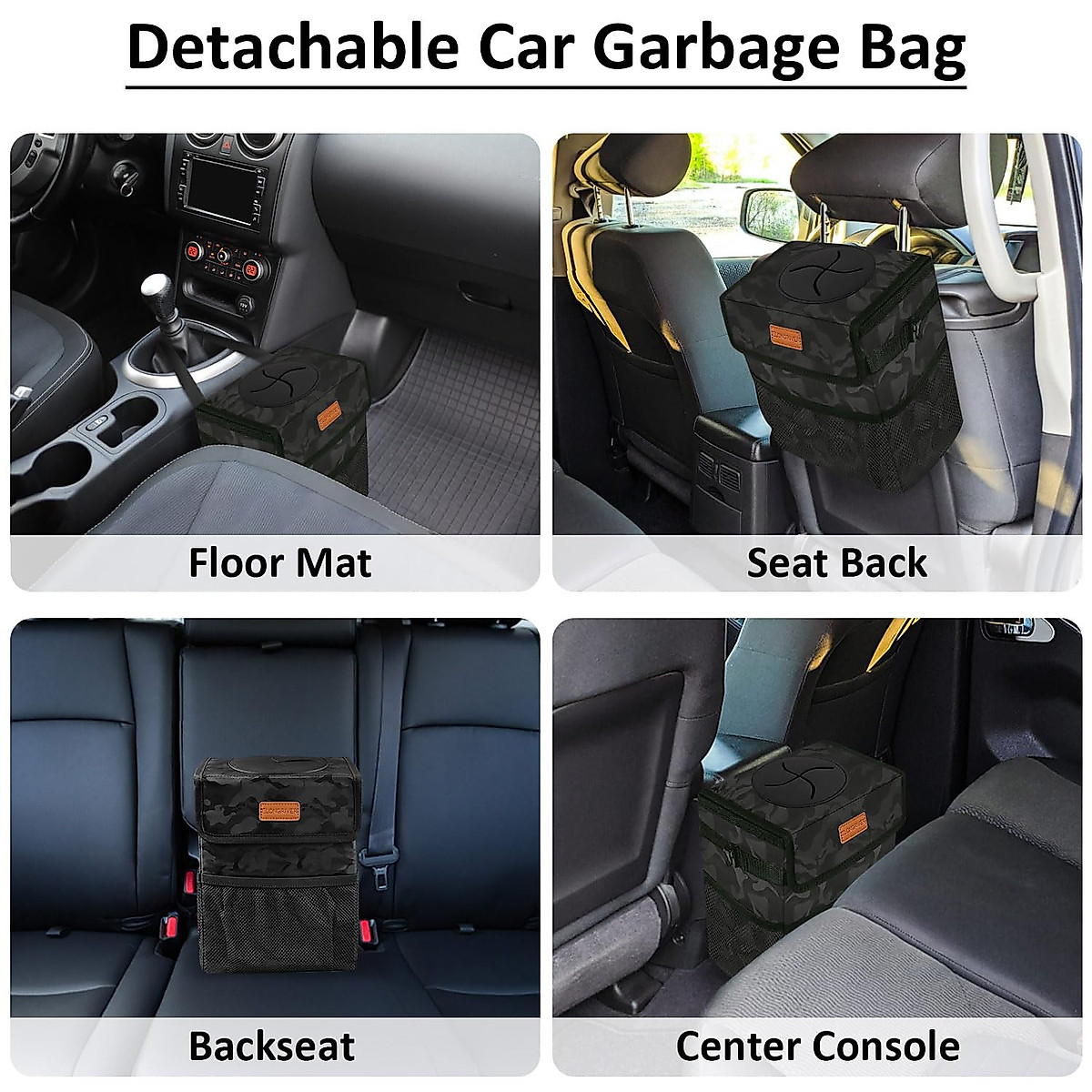 ELONGRIVER Car Trash Can for Car with Lid, Car Organizer Can Trash Bag Hanging Leak Proof Vehicle Trash Can Camo Black