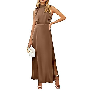 PRETTYGARDEN Women's Long Formal Satin Dress Mock Neck Sleeveless Side Slit Flowy Maxi Tank Dresses (Brown,Medium)