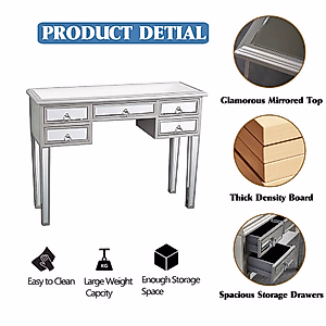 MTFY Mirrored Console Table with 5 Drawer, Silver Mirrored Makeup Dressing Table Vanity Desk, Modern Writing Desk Media Table for Bedroom Living Room Home Office
