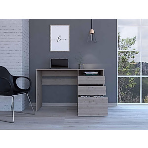 Daesar Writing Desk, 1 Shelf 3 Drawer Computer Desk for Bedroom, Light Grey