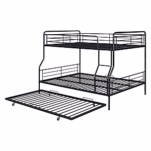 Full XL Over Queen Bunk Bed for Kids, Heavy Duty Bunk Bed Full Over Queen with Twin Size Trundle, Ladder and Safety Guardrail for Boys Girls, Easy Assemble (Black)