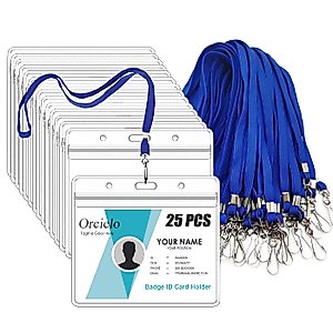 25Pcs Clear Plastic Horizontal Name Tags Badge ID Card Holders and 25Pcs Flat Neck Lanyards, Blue