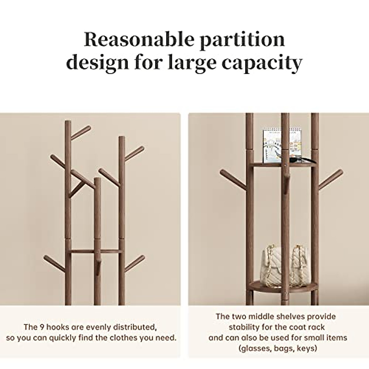 KASLANDI Coat Rack, Rotary Coat Rack Freestanding,FAS Grade Rubber Wood,Coat Rack Stand with 3 Shelves and 9 Hooks, Sturdy and Easy Assembly Wooden Coat Tree (Walnut)