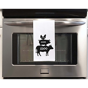 Cluck Oink Moo Stacked Cow Pig Chicken Flour Sack Kitchen Towel Hand Tea Dish Towels Rustic Black White Gift for Dad Mom Men Women Wife Husband Family