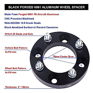 VLAOSCHI Black Forged ATV UTV 4x110 Wheel Spacers 2 Inch with 10x1.25 Studs Compatible with Honda Suzuki-Yamaha-Kawasaki 4 Lug for Foreman Rincon Rancher Kodiak Grizzly King Quad - Pack of 4
