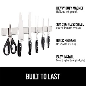 Gorilla Grip Stainless Steel Magnetic Knife Holder, 10 Inch, Heavy Duty Magnet Strip for Knives, Wall or Refrigerator Mounted Bar, Easy Install Rack, Securely Store and Organize Kitchen Accessories
