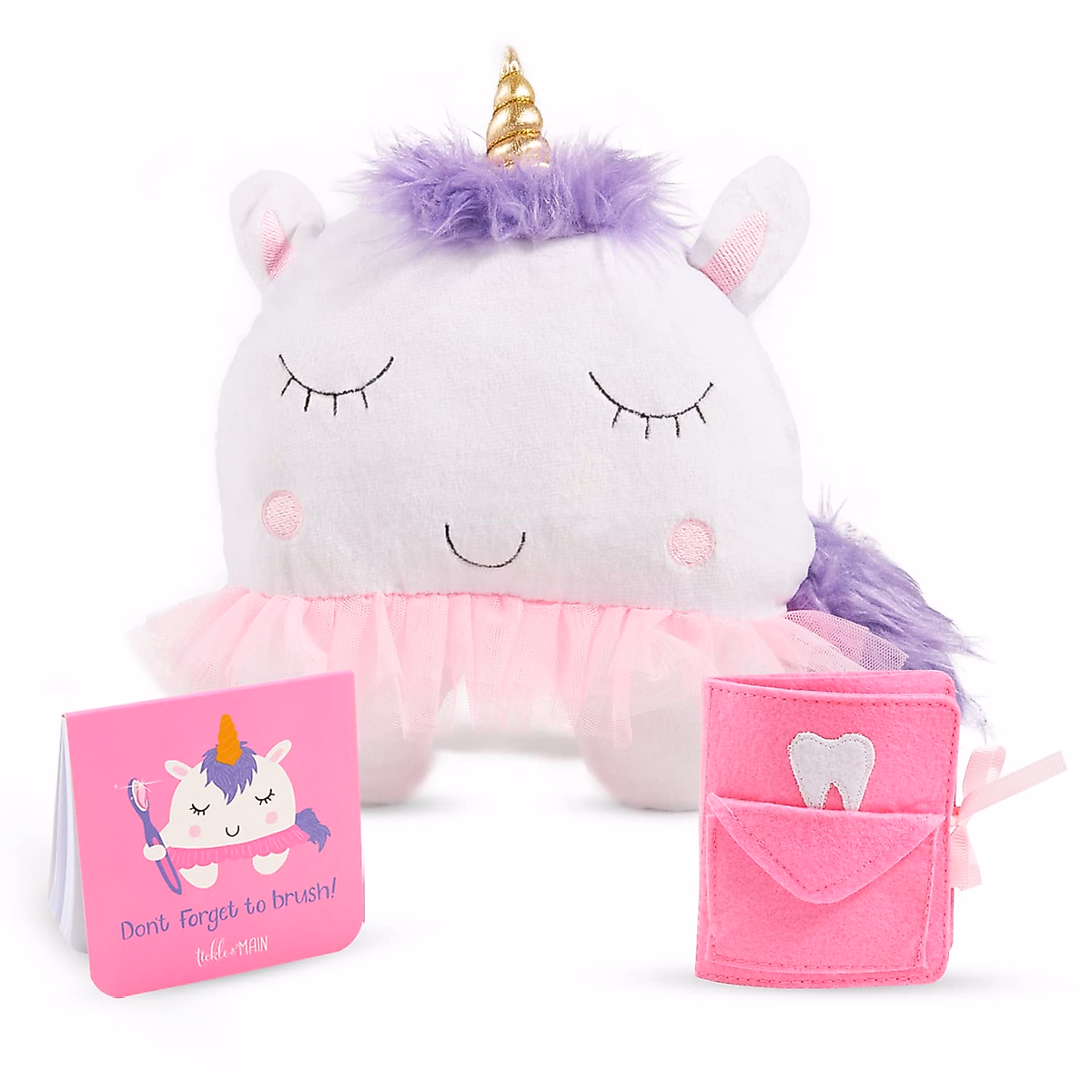 Tickle & Main 3-Piece Unicorn Tooth Fairy Pillow for Girls Ages 5-10 with Pocket, Notepad & Photo Pouch - Tooth Fairy Kit - Toothfairy Pillow for Girls