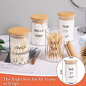 Glass Qtip Holder Bathroom Set- 4 Pack 10 oz Damp-proof Apothecary Jars Canisters with Bamboo Lids Clear Farmhouse Qtip Holder Dispenser for Cotton Swabs, Pads, Balls, Floss, Vanity Makeup Organizer