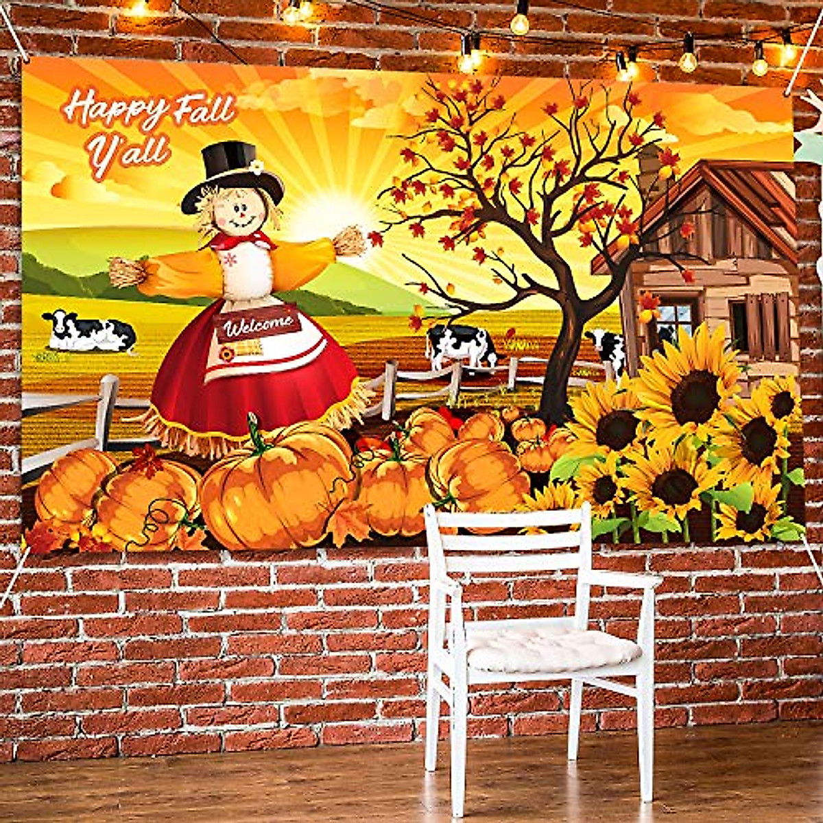 Blulu Happy Fall Y'all Party Decoration Backdrop Welcome Fall Scarecrow Harvest Decorative Autumn Background for Halloween Thanksgiving Party Décor Harvest Time Pumpkin (Orange Fall)