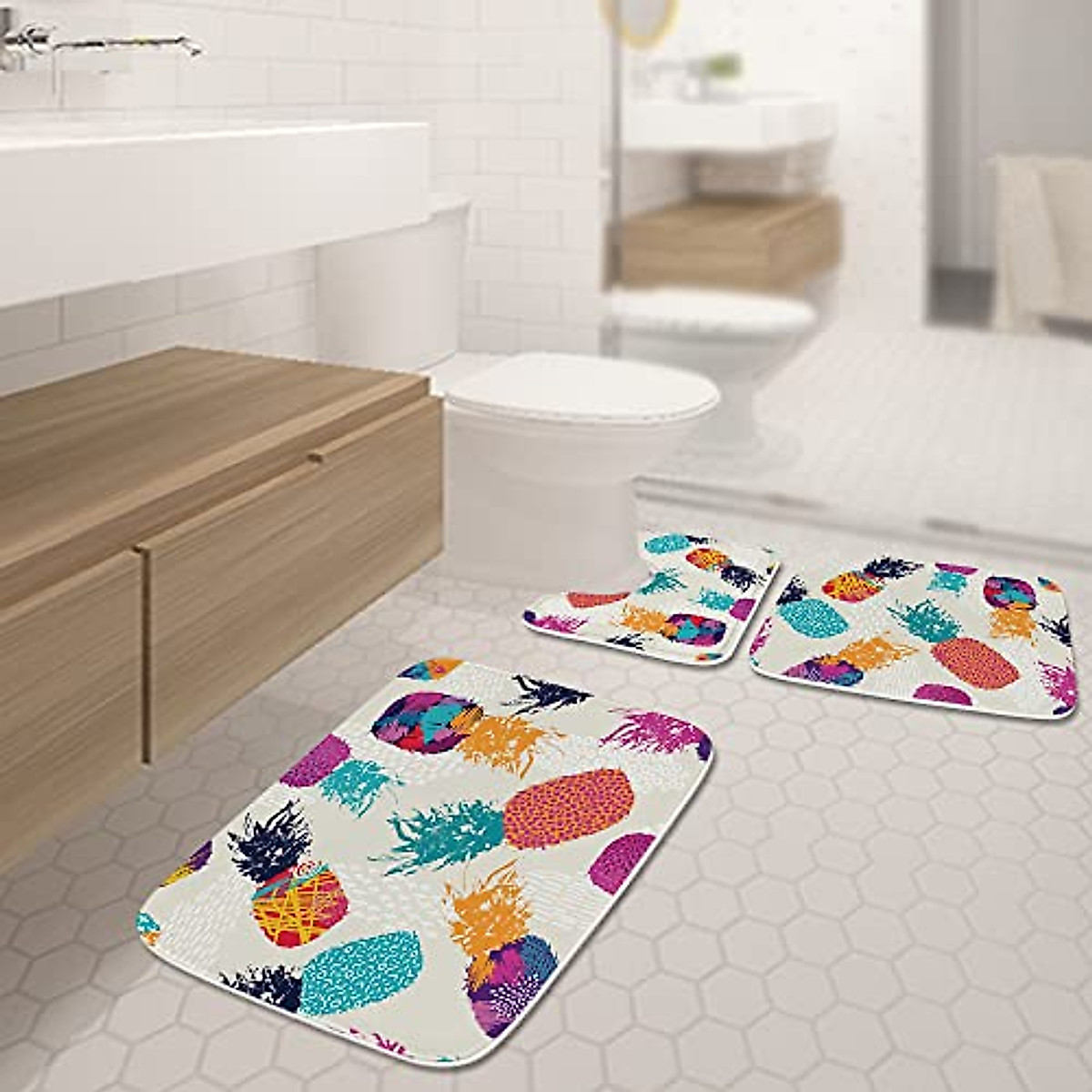 Kntiline Pineapple Bathroom Rugs and Mess Colorful Graffiti Mats Sets 3 Piece, Velvet Memory Foam Tropical Fruit Theme Bath Mat, Large Small and U-Shaped Contour Shower Mat Non-Slip Washable