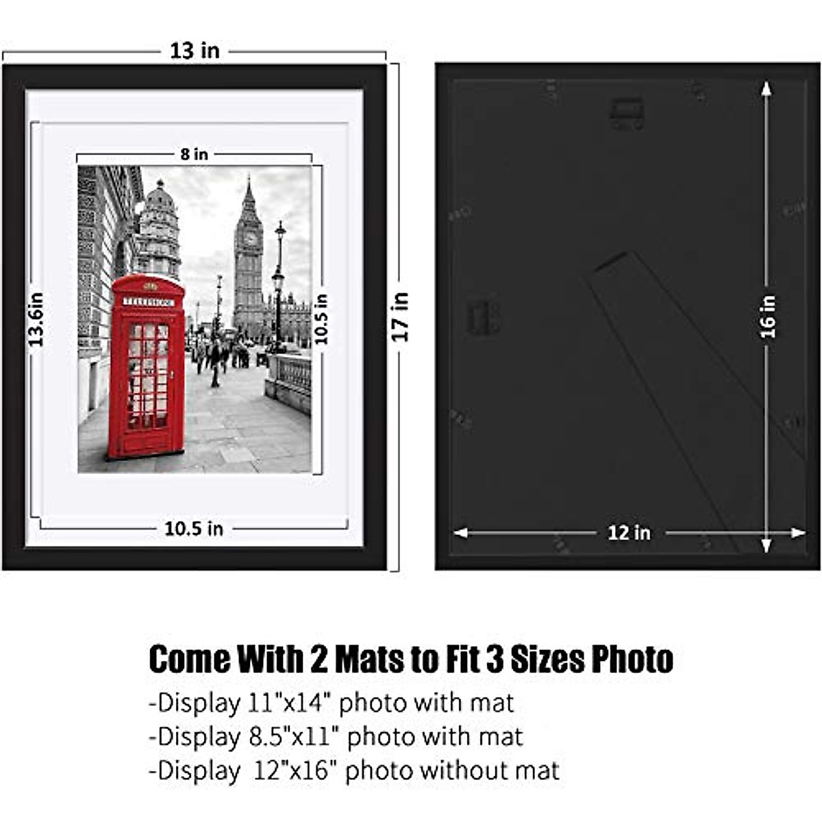 12x16 Picture Frames Made of Solid Wood Display Pictures 11x14 or 8.5x11 Diplomas with Mat or 12x16 Frame without Mat - Picture Frame for 11x14 Black With 2 Mats for Wall Mounting or Table Top Display