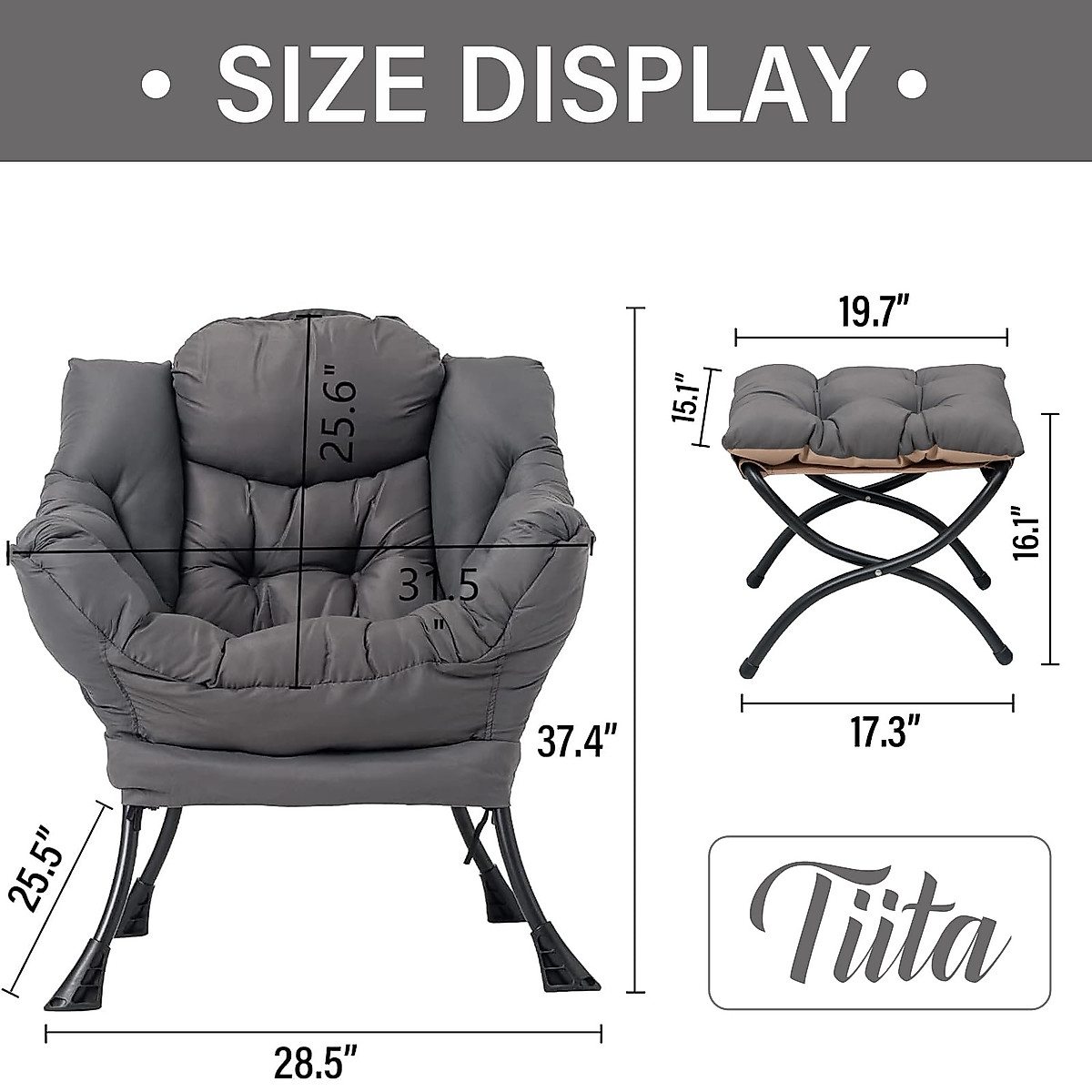 Tiita Lazy Chair with Ottoman, Modern Large Accent Lounge Chair, Leisure Sofa Armchair with Ottoman, Reading Chair with Footrest for Bedroom, Living Room, Dorm Rooms, Garden and Courtyard