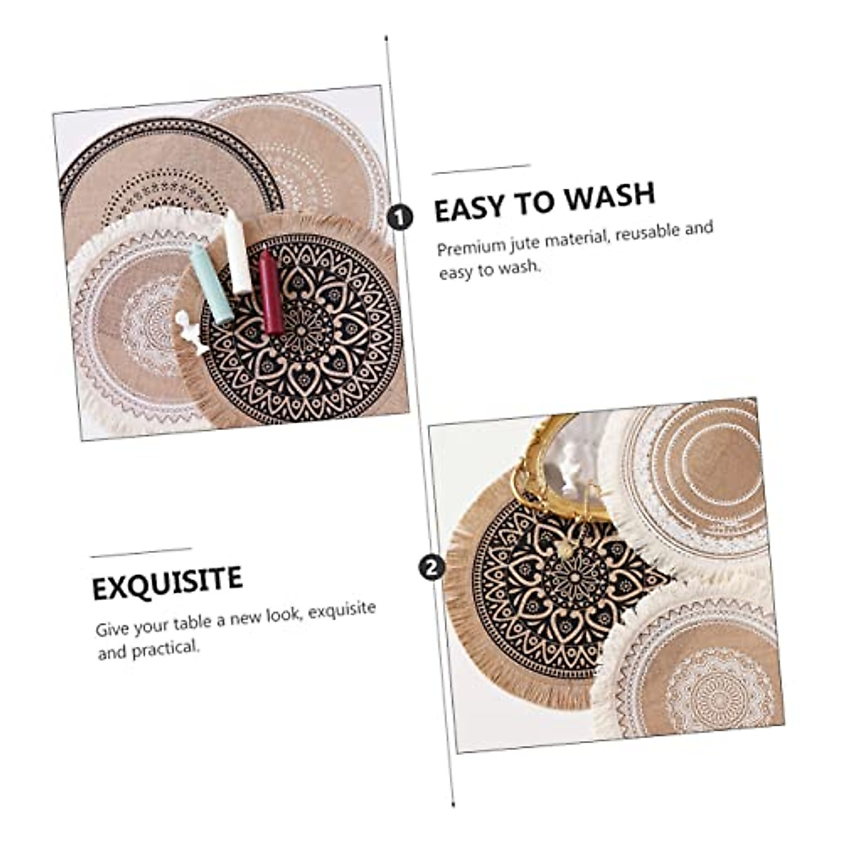 DECHOUS 1pc Jute Placemats Glass Coasters for Drinks Natural Home Decor Office Desk Decorations Mandala Dinking Coasters Round Cup Mat Pad Dining Table Placemat Household Place Mat Linen