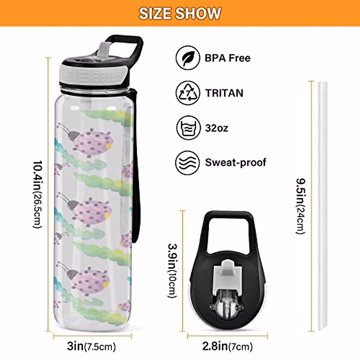 xigua Ladybug Water Bottle with Straw Lid,32 oz Leakproof Sport Water Bottle with Wide Handle for Gym,Cycling,School,Travel