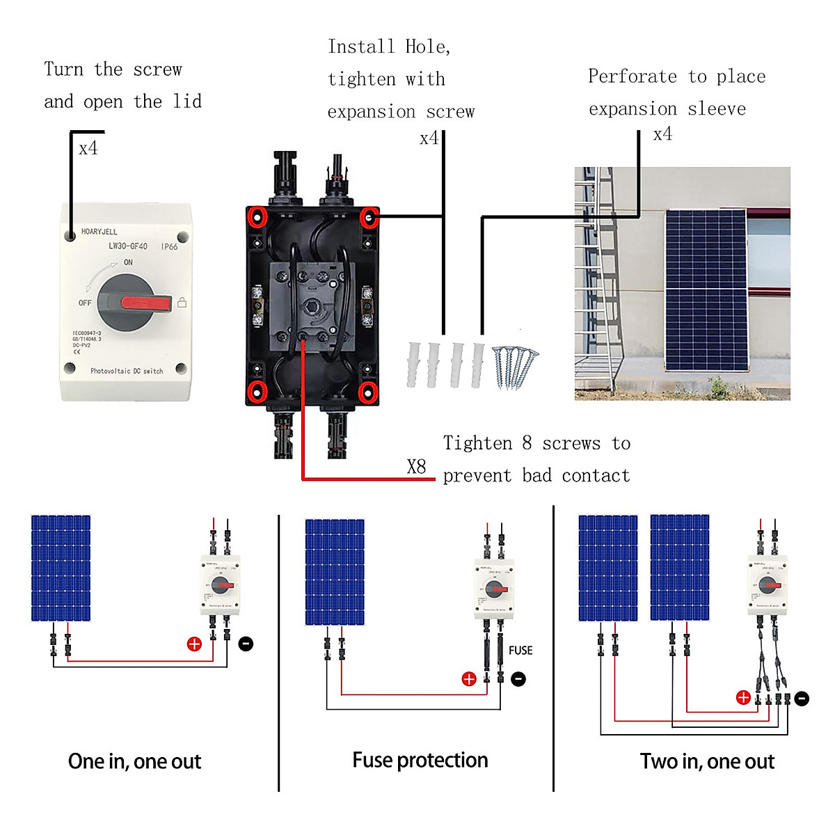 Solar Combiner Box, 1500V DC 32A 4P IP66 Waterproof Insulated Switch Professional Power Solar PV DC Quick Disconnect Switch for Solar Power System RV Boats (Basic)