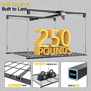 Overhead Garage Storage Rack, 4x4 Ft Garage Ceiling Storage Lift, Heavy-Duty Ceiling Mounted Garage Storage Lift System for Garage Organization, 250lbs Weight Capacity, Matte Finish