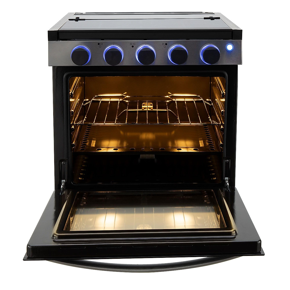 RecPro RV Stove Gas Range 21" Tall | 6500 and 8000 BTU Three Burner | 7100 BTU Oven with 1.8 Cu. Ft Capacity | Black or Stainless Steel Finish (Silver Version B, No Vented Range Hood)