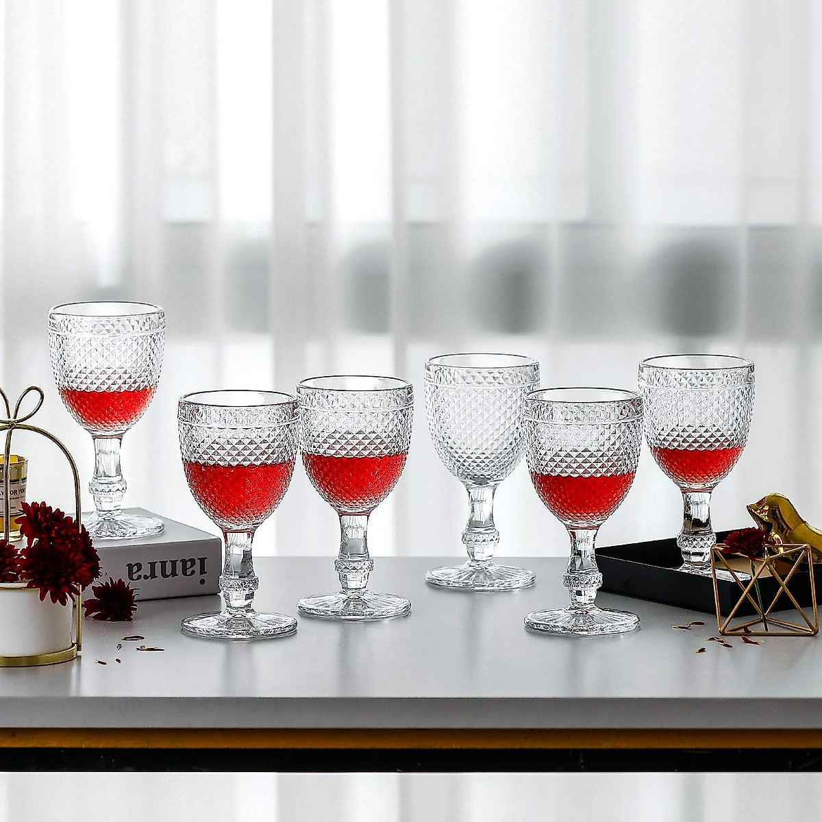 Chroma Beverage Goblet Glasses 10.6 oz. set of 6 Clear Vintage Embossed Glassware for Refreshments Iced-tea Soda Juice Water Perfect for Dinner Parties Bars Restaurants