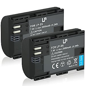 LP LP-E6, LP-E6N Battery 2-Pack, Rechargeable 2600mAh Large Capacity Replacement Batteries for Canon EOS 5D Mark II III IV, 5DS, 5DS R, 6D, 6D Mark II, 7D, 7D Mark II, 60D, 70D, 80D, 90D