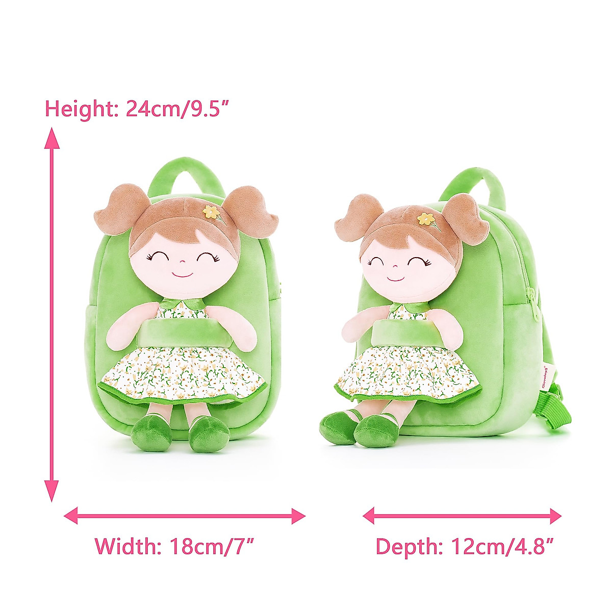 Gloveleya Kids Backpack Toddler Backpack Soft Plush Flower Fairy Girls Doll Backpack Green 9"