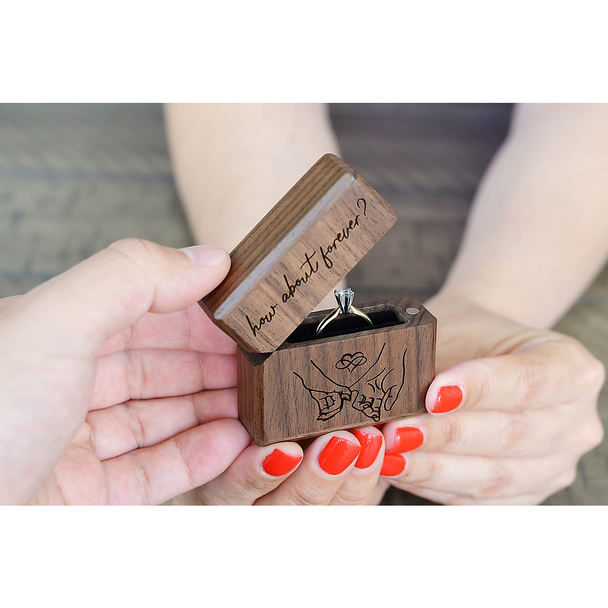 URBAN KRAFTS Engagement Ring Box for Proposal Slim Pocket Size Walnut Wooden Lighter Ring Box Engraved (How About Forever Pinky Promise)