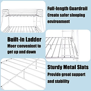 Heliosphere Heavy Duty Twin Over Full Size Bunk Bed with Safety Guard Rails & Inclined Ladder, Metal Bunk Bed with Under Bed Storage Space for Teens Adults, Noise Free/No Box Spring Needed (White)