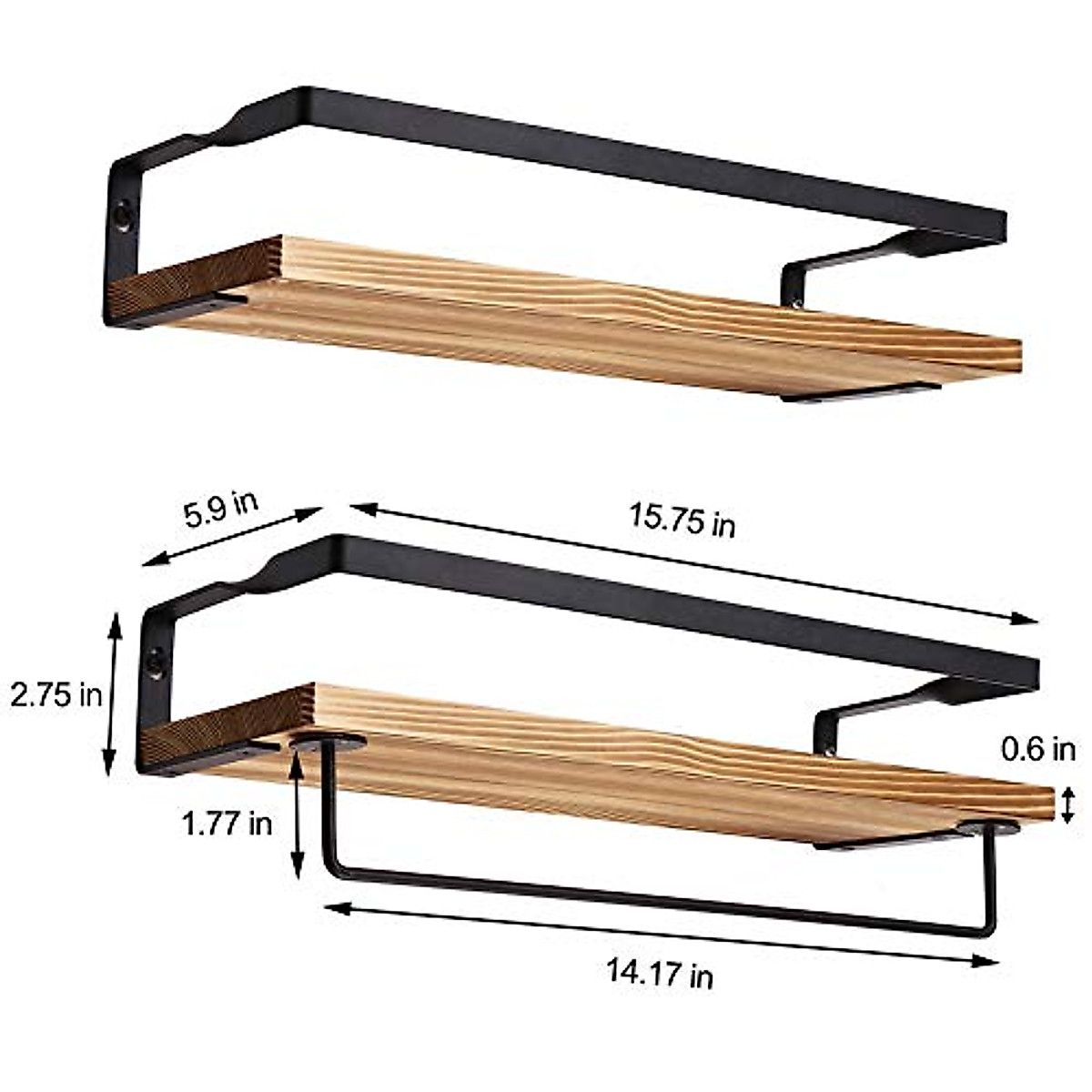 Normei Wood Floating Shelves Floating Shelves Wall Mounted Rustic Wood Shelves with Towel Holder for Bathroom, Kitchen, Set of 2 (Carbonized Black)