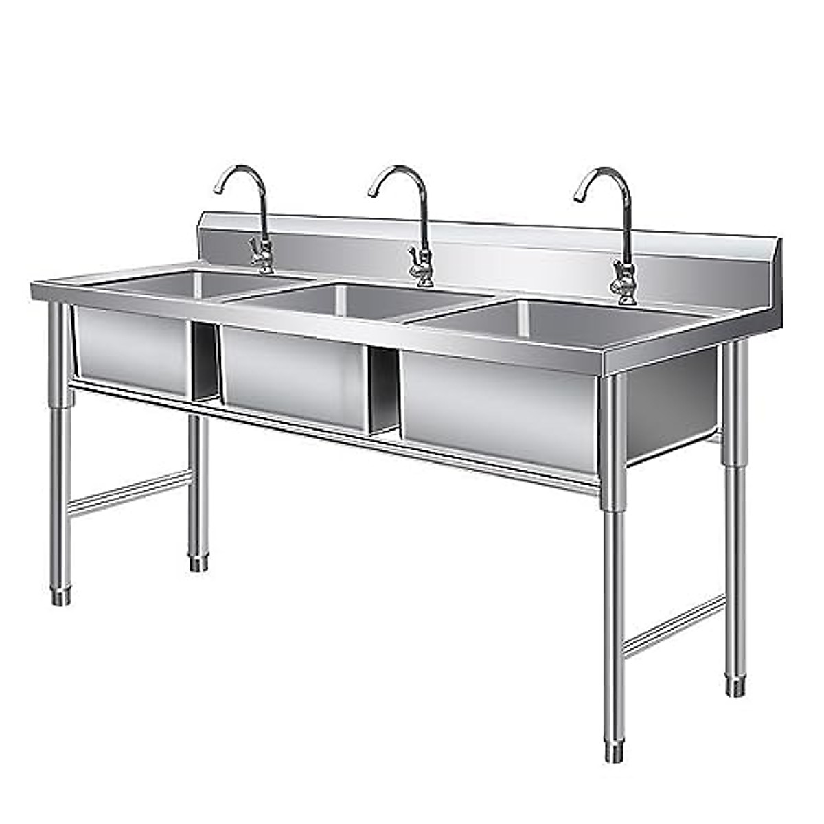 3 Compartment Restaurant Kitchen Prep & Utility Sink,Free Standing Stainless-Steel Three Bowl Kitchen Sink,Free Standing Utility Sink For Garage,Restaurant,Kitchen,Laundry Room(Thick0.8mm)
