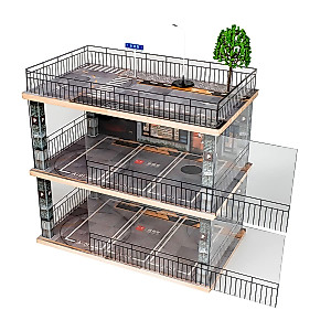 kivcmds 1:24 Scale Car Model Display Case with Parking Lot Scene for Sports Car and Lego Collectors, Display Stand for Alloy Car Model Toy with Light (3-Tiers Coffee Shop Parking Lot)