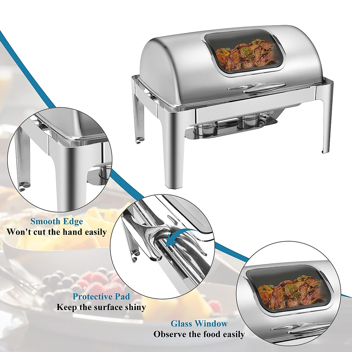 Amhier 9 Qt Chafing Dish Buffet Set with Visible Roll Top, Stainless Steel Buffet Servers and Warmers for Catering, Parties, Hotels and Weddings, 3 Pan