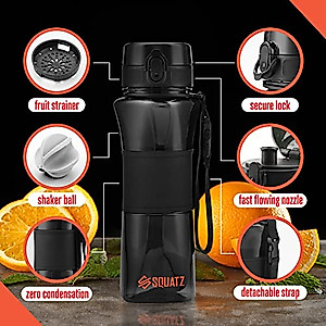 SQUATZ 24 Oz Poseidon Series Water Bottle with Shaker Ball - Premium Quality Wide Mouth Gym Flask w/Fruit Infuser Strainer, Fixed Buckle Carrying Strap, Leak Resistance, Zero Condensation Sleeve
