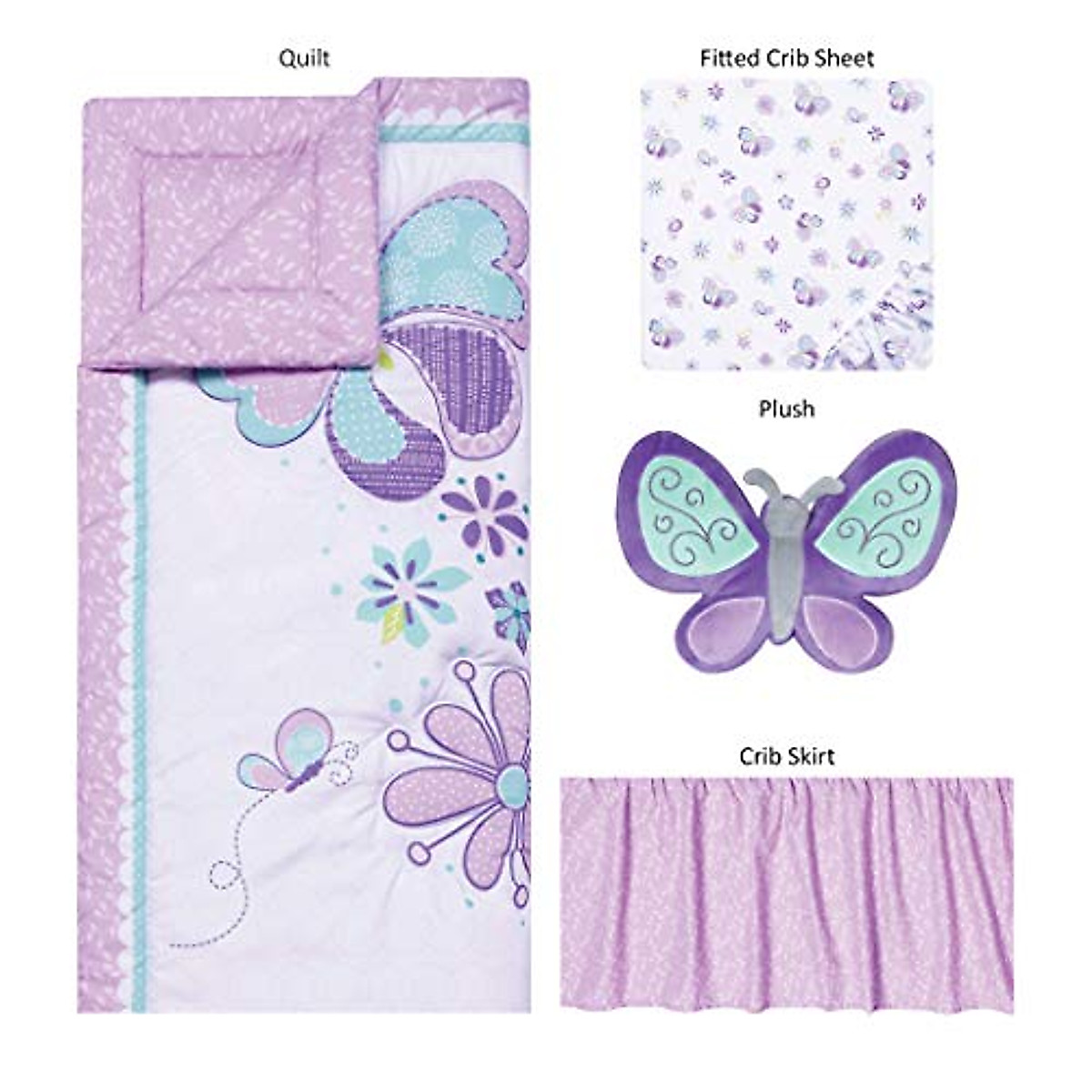 Sammy & Lou Butterfly Meadow 4-Piece Baby Nursery Crib Bedding Set for Girls, Includes Quilt, Fitted Crib Sheet, Crib Skirt, and Plush Toy